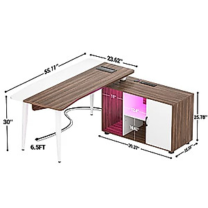 Unikito L Shaped Desk with File Cabinet and Power Outlet, 55 Inch Large Corner Computer Desks with LED Light Strip, L-Shaped Computer Desk with Door and Storage Shelves for Home Office, Walnut & White