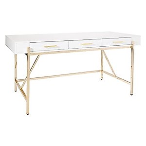 OSP Home Furnishings Broadway Modern Executive Desk with 3 Drawers and Charging Station, White Gloss Finish and Gold Frame