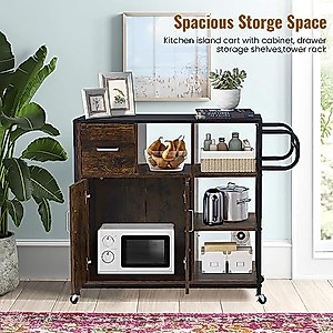 Lamerge Kitchen Island with Storage, Rolling Kitchen Cart on Swivel Wheels, Kitchen Storage Cabinet with 3 Open Shelves and Drawer, Island Table for Kitchen Bar, Rustic Brown