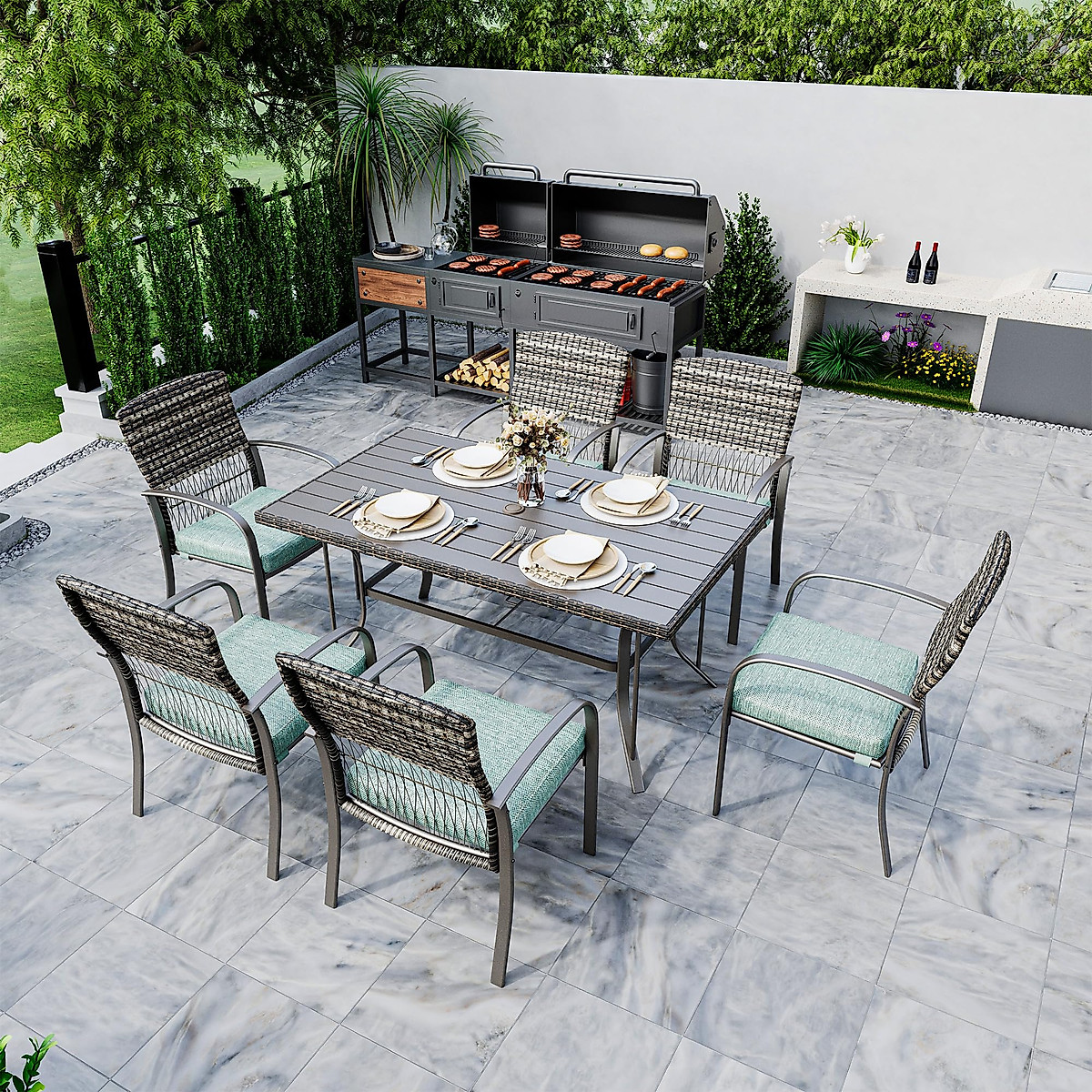 Pamapic Patio Dining Table Set, Outdoor Dining Set 7 Piece, Outdoor Wicker Furniture Set with Removable Cushions for Backyard Garden Deck/Iron Slats Table Top(Green)