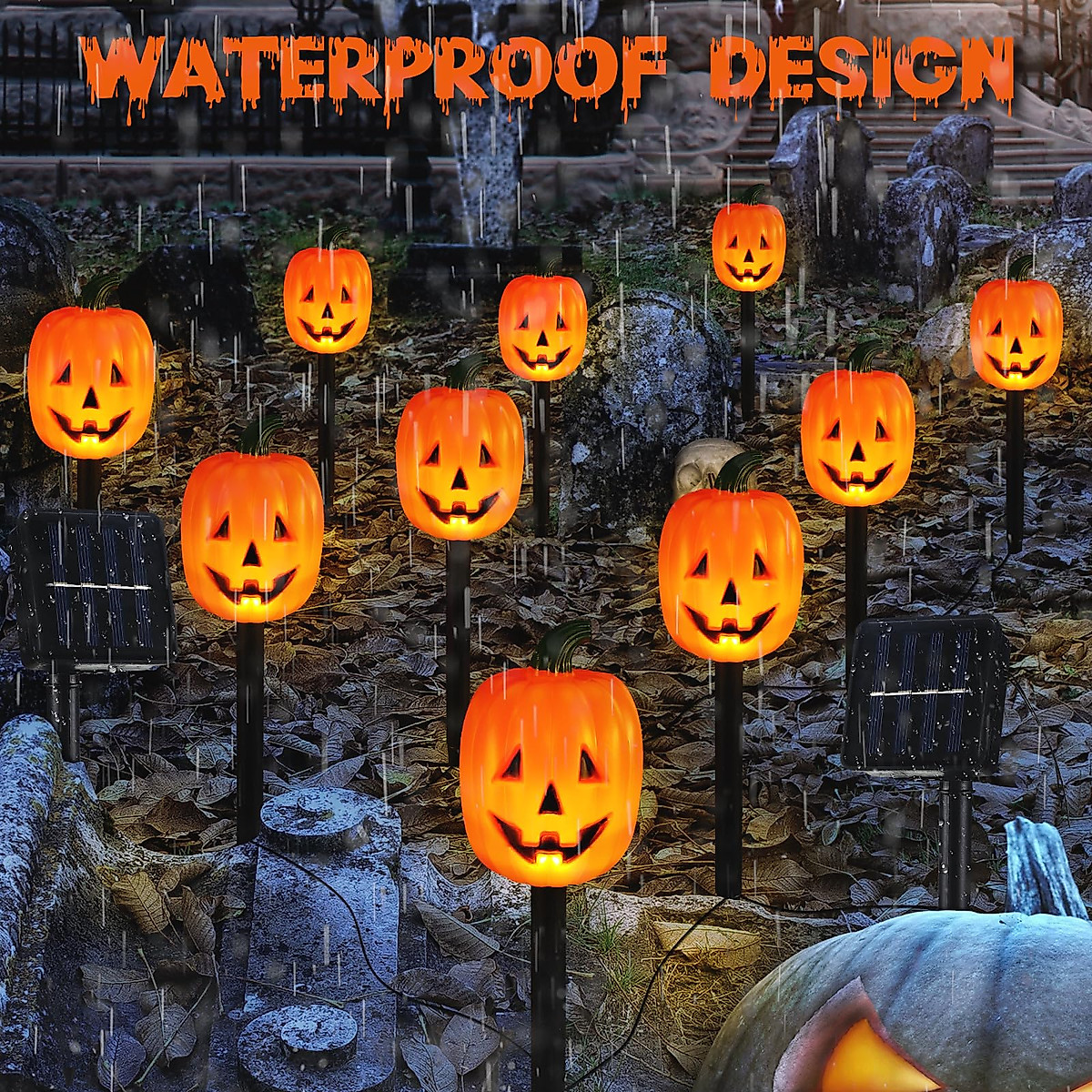 Retisee 10 Pcs Halloween Pumpkin Pathway Markers Lights Solar Powered Pathway String Lights Light up Jack O Lantern Pumpkin Garden Stakes for Yard Lawn Tree Patio Walkway Driveway Party Decor