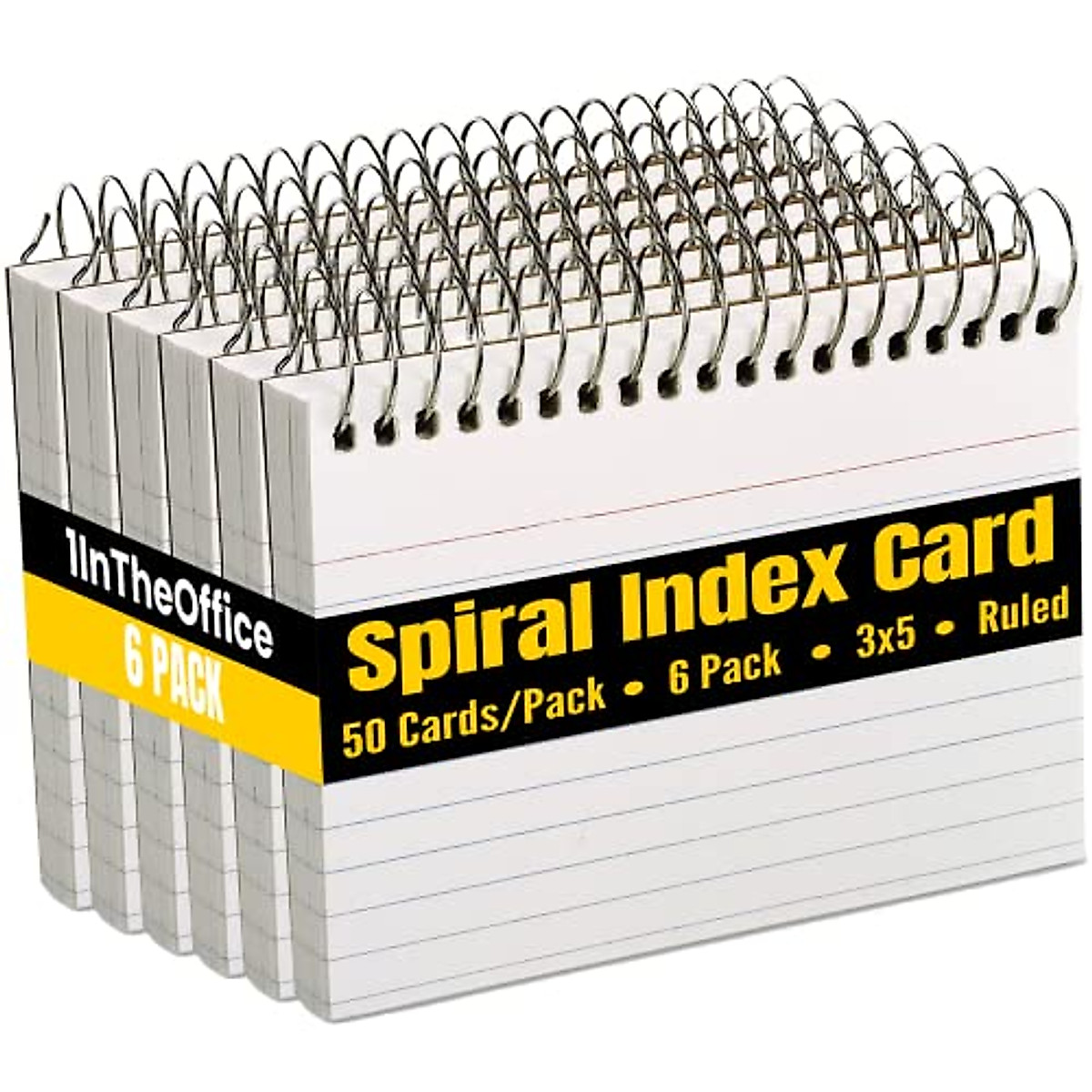 1InTheOffice Spiral Index Cards 3x5 Ruled, Notecard Spiral Bound, Ruled Index Cards Spiral Bound, Spiral Bound Index Cards 50 Cards/Pack, 6 Packs