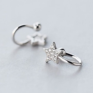 SLUYNZ 925 Sterling Silver CZ Star Cuff Earrings for Women Clip On Ears No Piercing Cartilage Earrings (A-Silver)