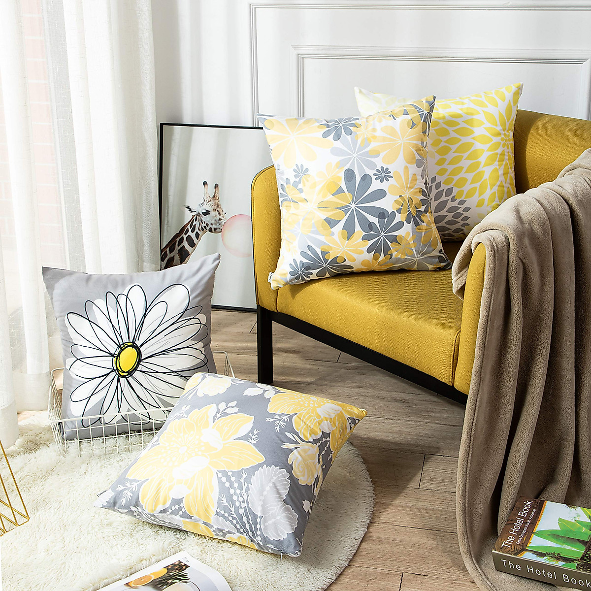 Emvency Set of 4 Throw Pillow Covers Gray and Yellow Modern Daisy with Pretty White Floral Hand Couch Sofa Decorative Pillow Cases Cushion Home Decor Square 18x18 Inches Pillowcases