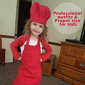 Novelty Place Kid's Apron with Chef Hat Set (3 Set) - Children’s Bib with Pocket Skin-friendly Fabrics - Cooking, Baking, Painting, Training Wear - Kid's Size (6-12 Year, Red)