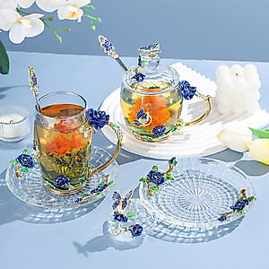 LANTREE Tea Cups with Saucer Lid Spoon Flower Butterfly Tea Cup Fancy Coffee Mug Unique Christmas Gift for Women Coworker Grandma Pack of 2(12oz)