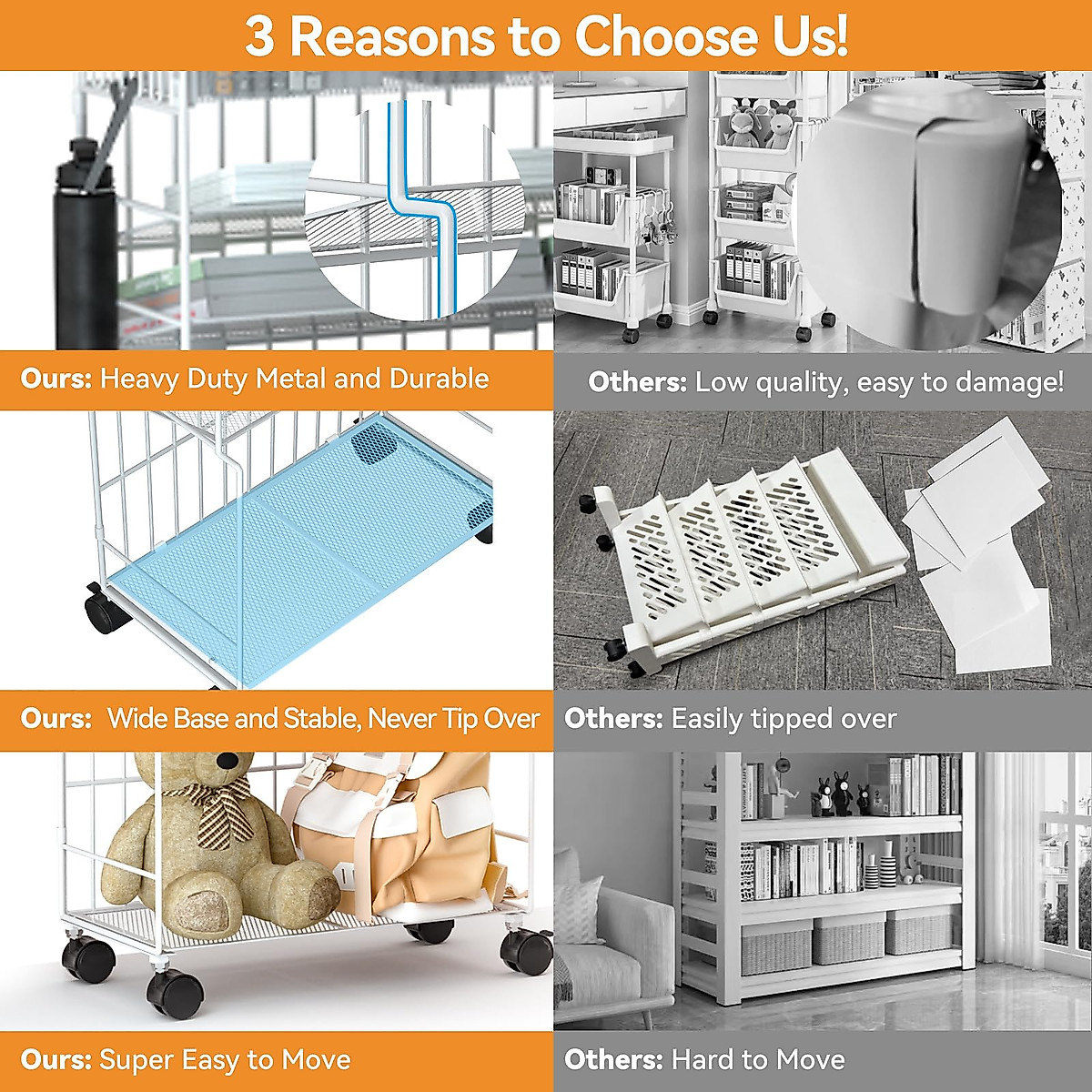 FIROK Rolling Bookcase with Wheels,Heavy Duty Mobile Bookshelf Storage Cart for Students, Metal Frame Book Shelf Organizer for Home,Office,Living Room - White