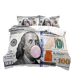 VIVIHOME 3PCS Luxury Funny Money Duvet Cover Full, Cute Benjamin Franklin Wink Pink Bubble Gum One Hundred Dollar Bill Cash 100 Dollar Bill Comforter Bedspread Quilt Cover, Gag Gifts, 2 Pillow Shams