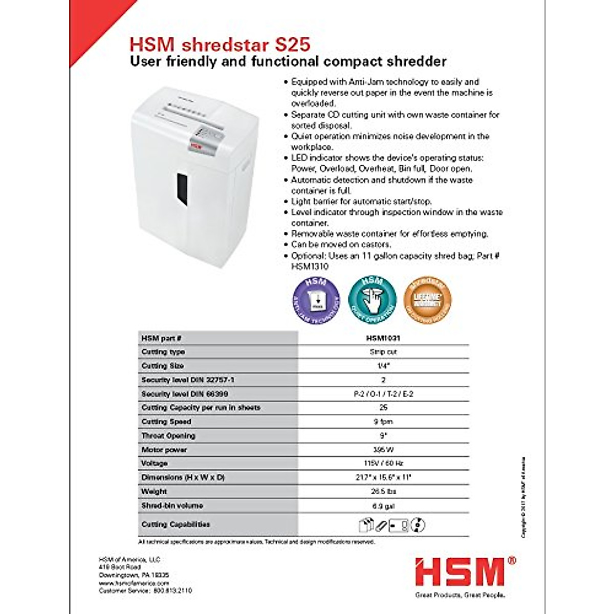 HSM shredstar S25 Strip-Cut Shredder; Shreds Up to 25 Sheets; 6.9-Gallon Capacity Shredder, White