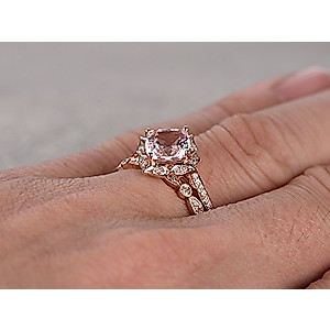 2pcs Morganite Bridal Ring Set,Engagement Ring Rose Gold,Diamond Wedding Band,14k,7mm Cushion Cut,Promise Ring,Retro Vintage Floral,Art Deco