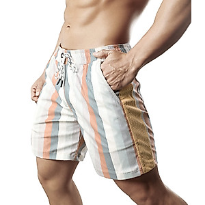 JOTOOK Men's Casual Drawstring Corduroy Shorts Elastic Waist Summer Shorts with Pocket Printed Shorts Medium Grey White Stripe