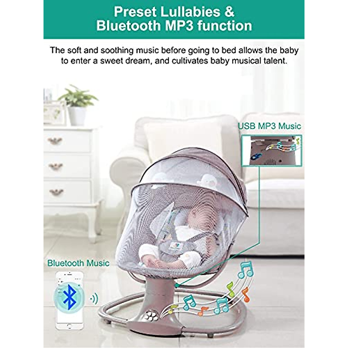 Baby Bouncer Baby Cradle Portable Swing Infant Motorized Adjustable Rocker with Bluetooth Music Speaker and 5 Swaying Gears Preset Lullabies and Smooth Remote Control (Pink)