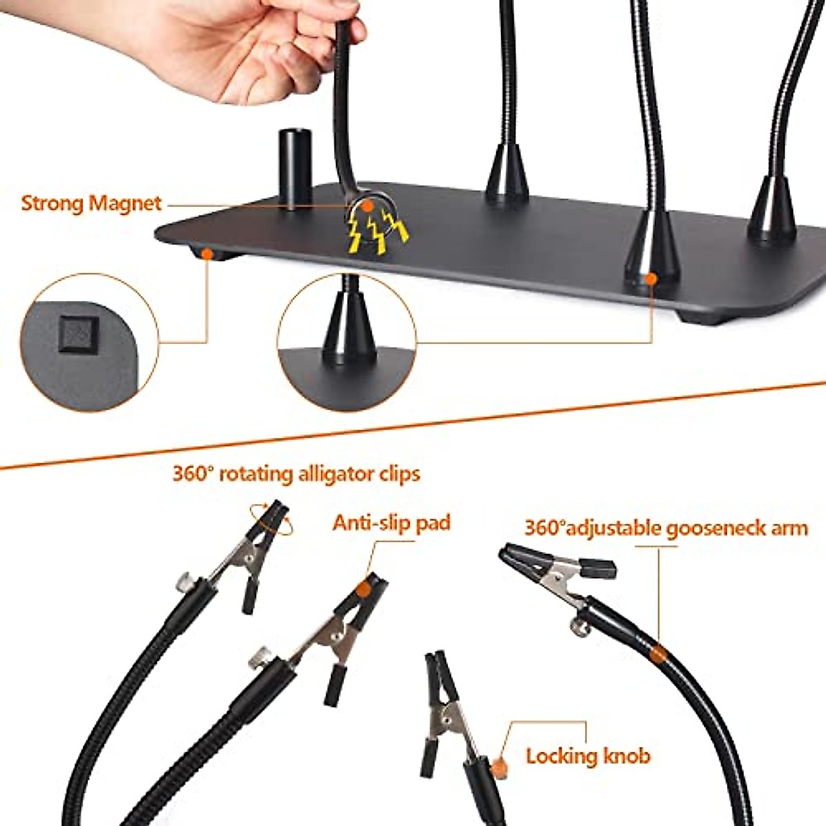 5X&10X Magnifying Glass with Light and Stand, KUVRS Flexible Magnetic Helping Hand, Large Base&Clamp Magnifying Lamp, 3 Color Adjustable Arm Desk Magnifying Glass with Light for Soldering Craft Hobby