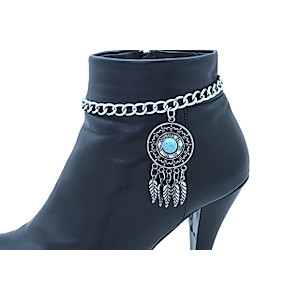 TFJ Women Western Fashion Jewelry Boot Bracelet Silver Metal Chain Shoe Native Style Feather Charm Turquoise Blue