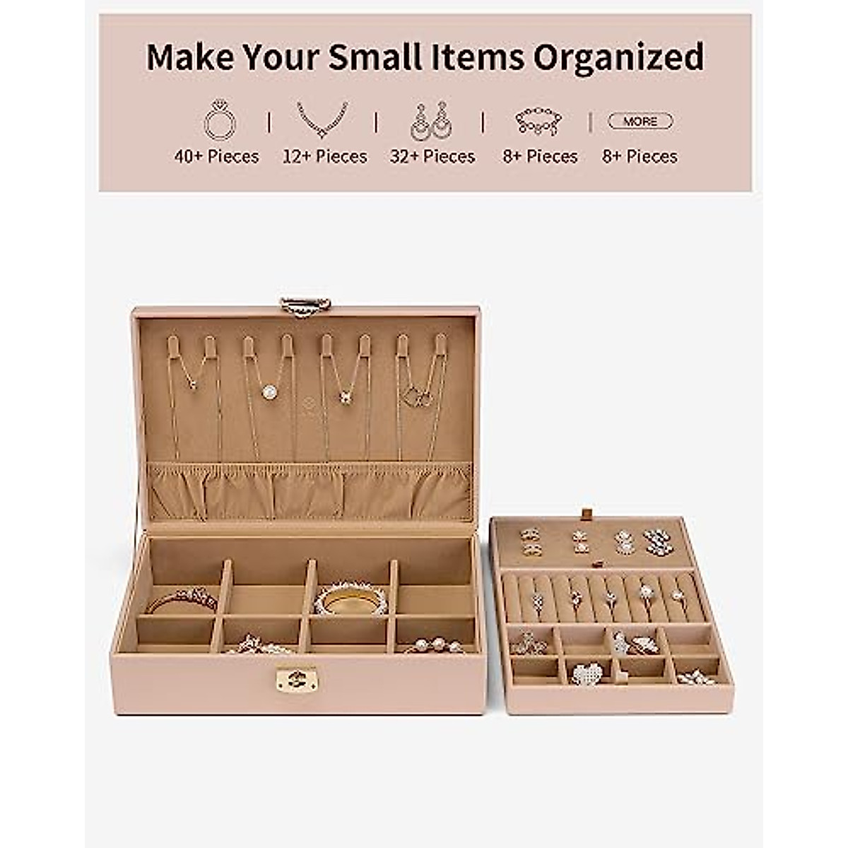 Vlando Jewelry Box for Women Girls 2 Layer Large Jewelry Organizer Storage Case PU Leather Jewellery Stackable Tray for Necklace Earrings Rings Bracelets Home Decor Gifts Beige