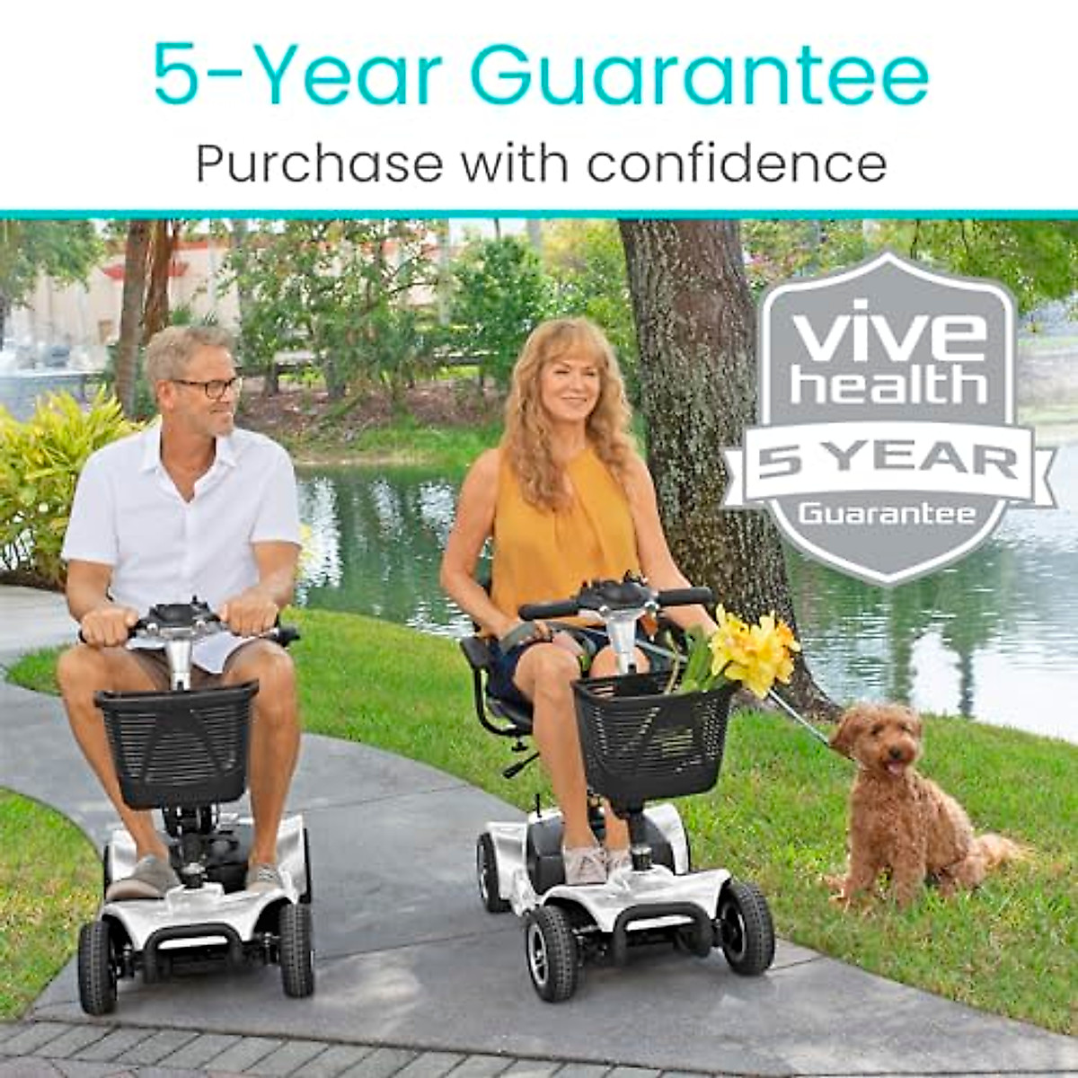 Vive 4 Wheel Mobility Scooter - Electric Powered Wheelchair Device - Compact Heavy Duty Mobile for Travel, Adults, Elderly - Long Range Power Extended Battery with Charger and Basket Included