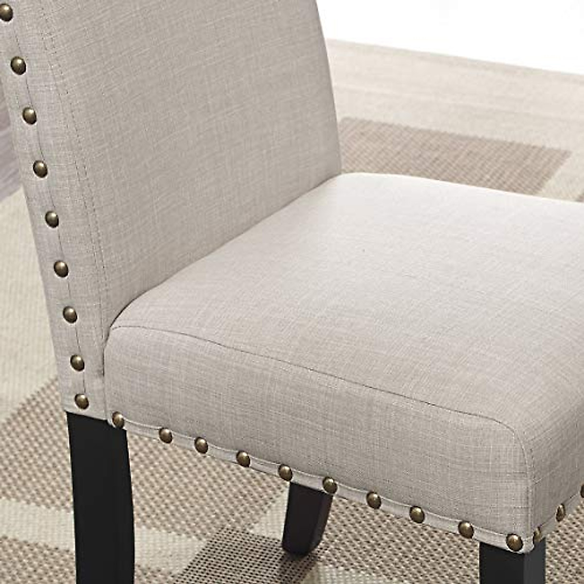 Roundhill Furniture Biony Tan Fabric Dining Chairs with Nailhead Trim, Set of 2 & Biony Fabric Dining Bench with Nailhead Trim, Tan