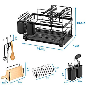 Aonee Dish Drying Rack, 2 Tier Dish Rack with Drainboard, Cutlery Holder, Cutting-Board Holder, Cup Holder and 3 Hooks, Large Dish Racks for Kitchen Counter, Rust-Proof Dish Drainer, Black