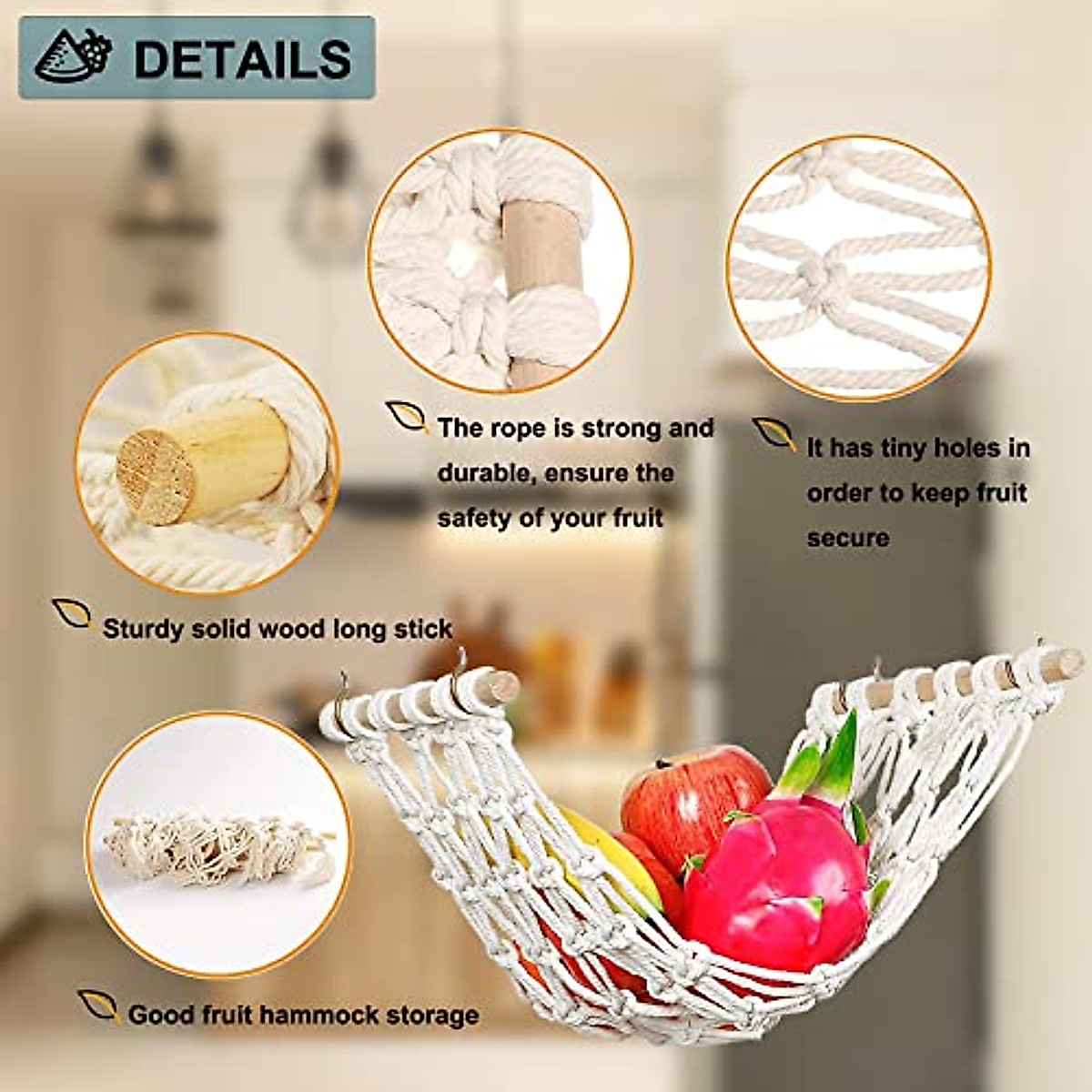 Hanging Fruit Hammock Under Cabinet，Macrame Handwoven Boho Veggie and Fruit Hammock Fruit Holder Net Hanging Kitchen Storage，Includes Banana Hanger And Hook，Saves Counter Space at Home，Boat，or Rv