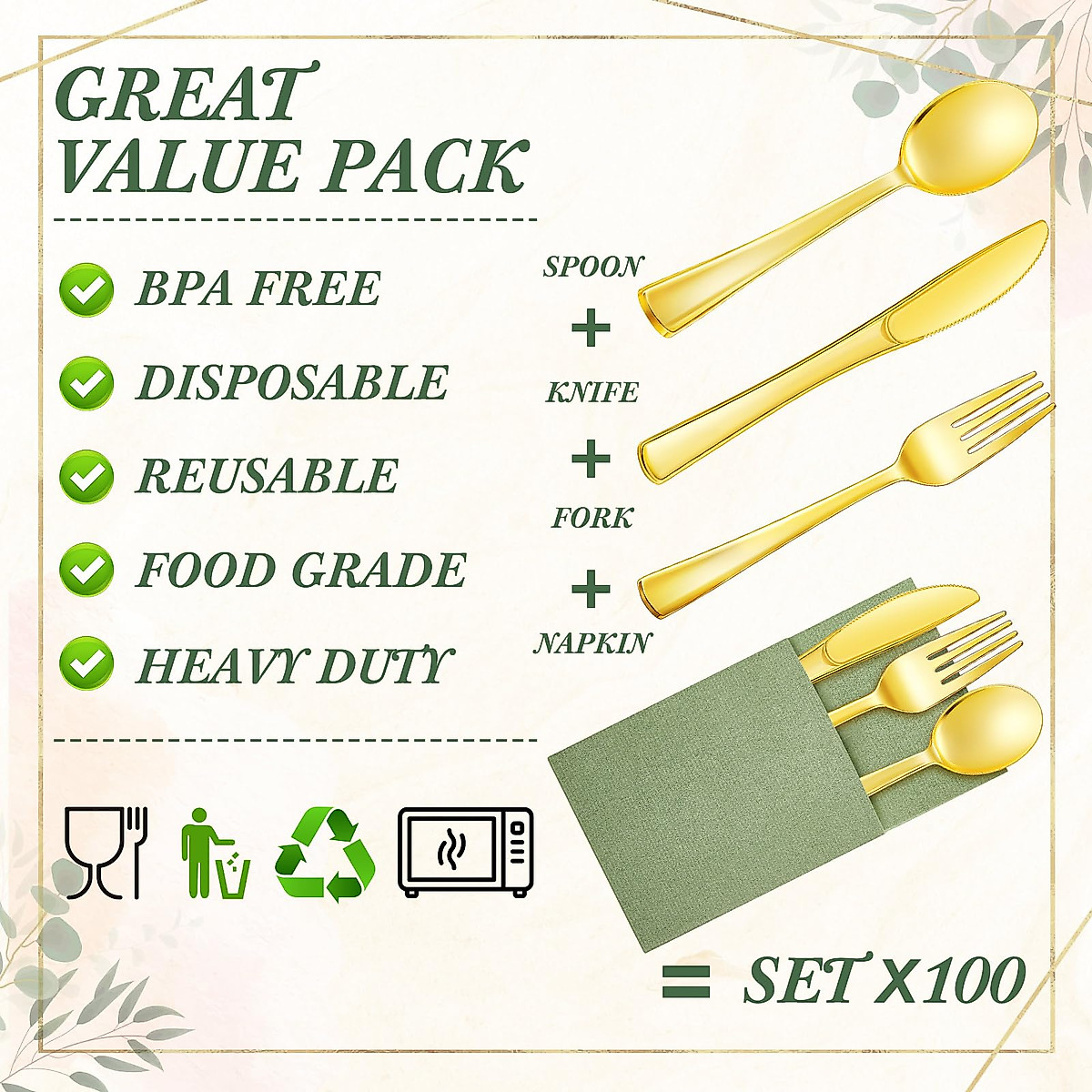 Tioncy 100 Pack Gold Plastic Silverware Cutlery Set Dinner Napkins with Built in Flatware Pocket Disposable 100 Forks Spoons Knives and 100 Like Cloth Paper Napkins for Dinner Wedding Party (Green)