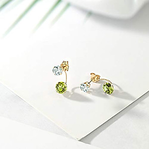 Gem Stone King 14K Yellow Gold Green Peridot and Sky Blue Aquamarine Dual Drop 2 Stone Round Earrings for Women (3.00 Cttw, Gemstone Birthstone, Round 6MM and 5MM)