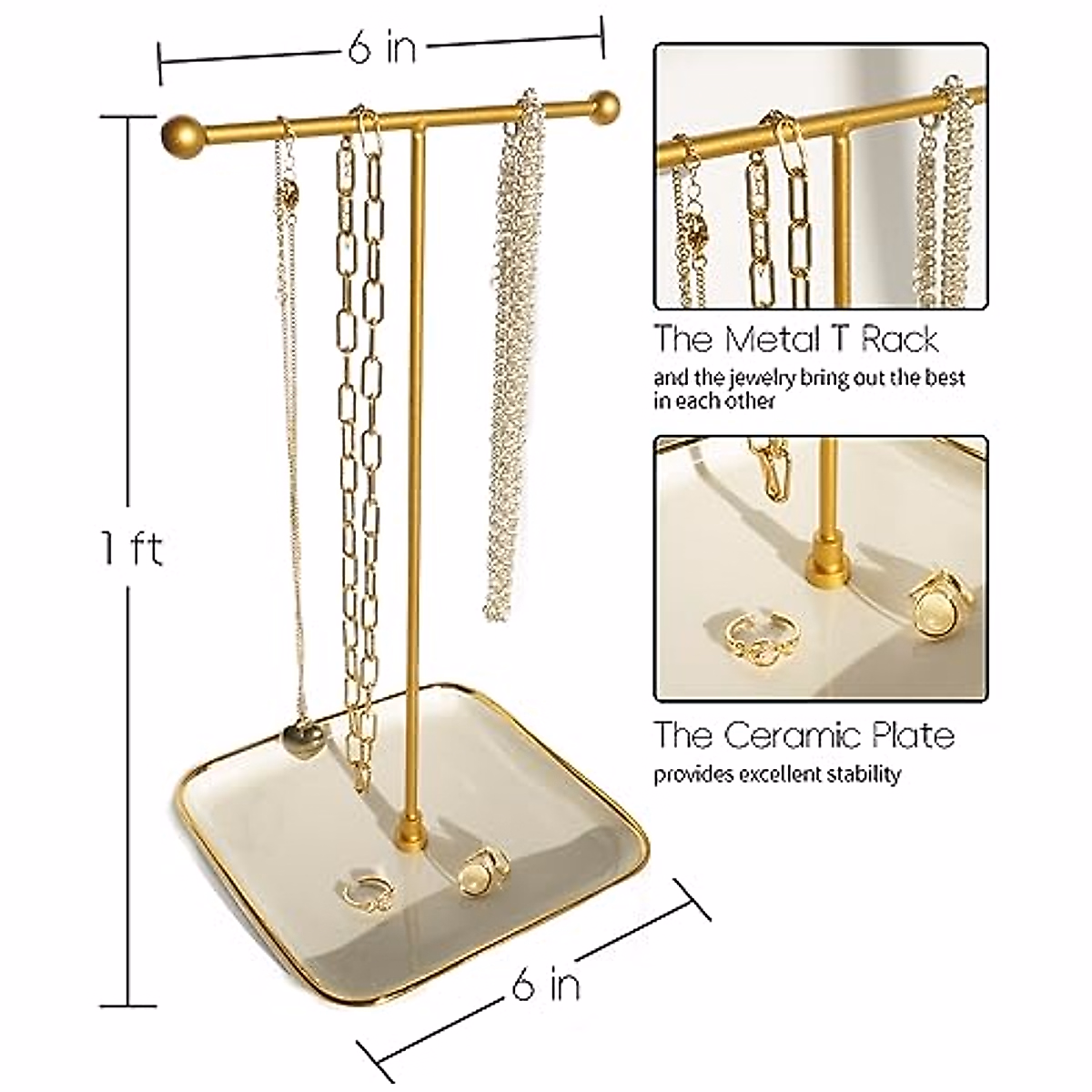 VROOMIUM Necklace Holder- Ceramic Base 1ft Height Jewelry Organizer Stand, Aesthetic Jewelry Hanger Display for Necklaces, Bracelets, Rings, Exhibidor de Collares-Classic White