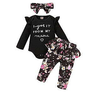 YOUNGER TREE 3PCS Newborn Infant Girls Clothes Baby Girl Fall Outfits Mustard Yellow Romper Baby Clothes Gril Winter Outfits (12-18 Months, Black Romper+Floral Skirt Pants Set)