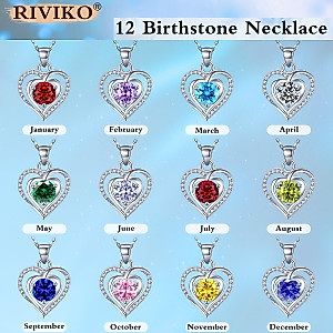 RIVIKO Heart Birthstone Pendant Necklace for Women 925 Sterling Silver Zirconia March Necklaces Christmas Valentine's Day Mothers Day Jewelry Gifts For Her Mother Wife