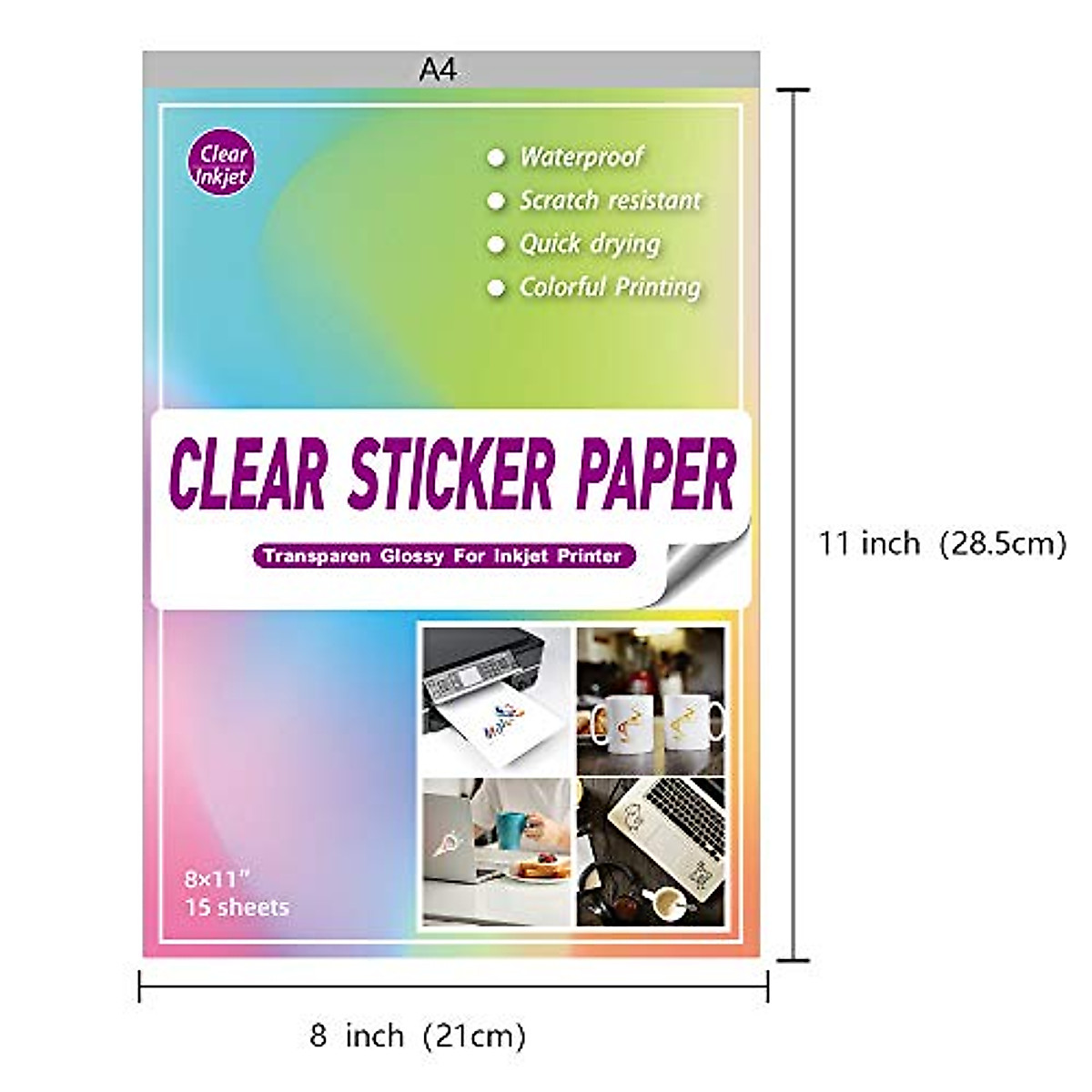Clear Sticker Paper for Inkjet Printer - 15 Sheets ( 8.5" x 11") Translucent Waterproof Printable Vinyl Sticker Paper for DIY Personalized Stickers Holds Ink Beautifully & Dries Quickly