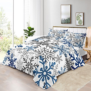Yilinata Blue Snowflake Comforter Set Winter Christmas Frozen Printed Quilt Bedding Set with 1 Comforter and 2 Pillow Covers for Bedroom Dormroom All Season King 104x90inches