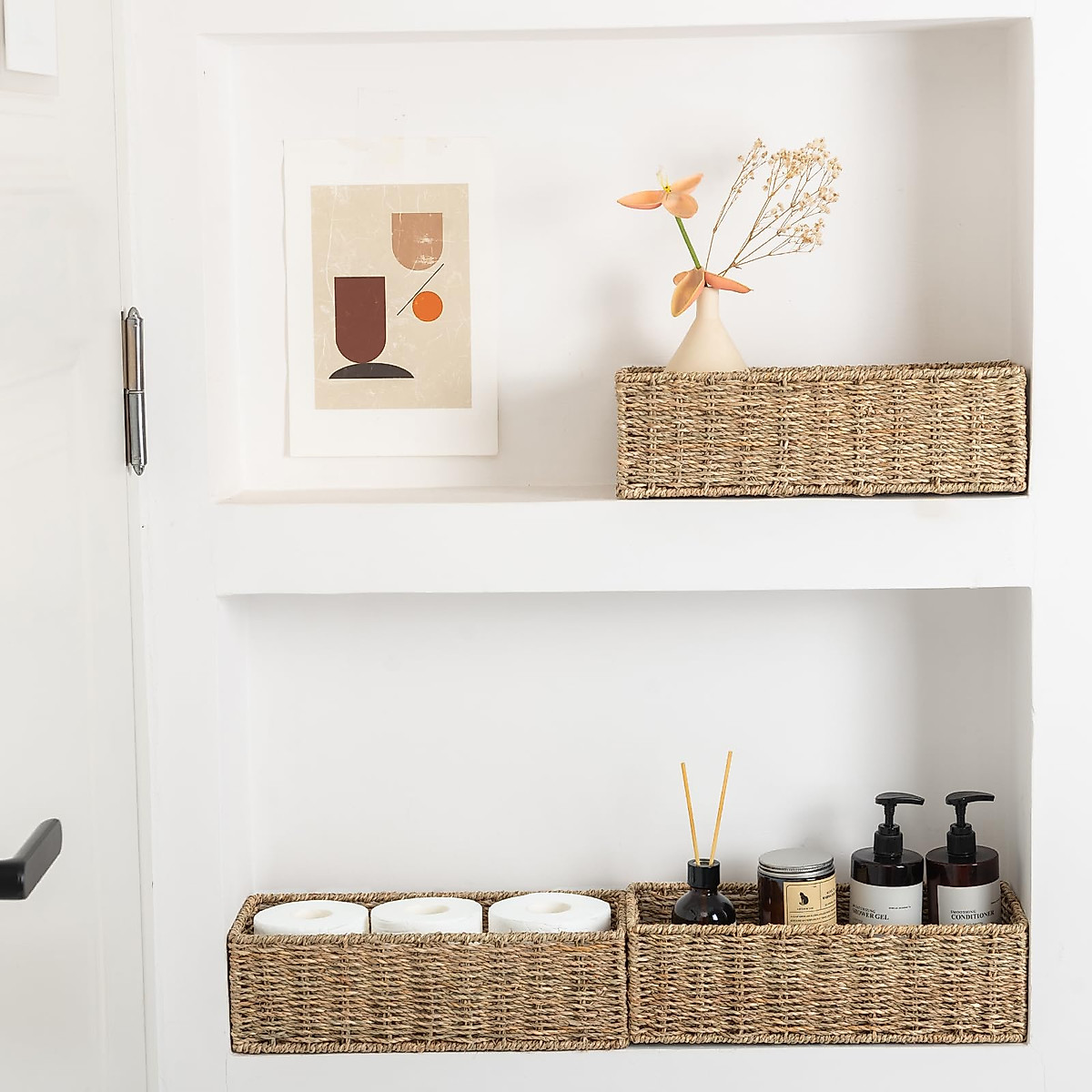 OEHID Small Wicker Baskets 2 Pack, Hand Woven Toilet Basket Tank Topper, Toilet Tank Basket for Bathroom Organizing, Seagrass Storage Baskets for Toilet Paper (14.4"Lx6.1"Wx4.4"H)