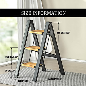 KISKIS Folding 3 Step Ladder Woodgrain Aluminum Kitchen Step Stool, Anti-Slip Pedal, Portable Lightweight Closet Ladders for Home Adults, 330 Lbs