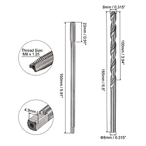 uxcell Tap & Bit Sets, M8 x 1.25 H2 Straight Flute Machine Thread Milling Tap 150mm Extra Long, 8mm High Speed Steel (HSS) Twist Drill Bit