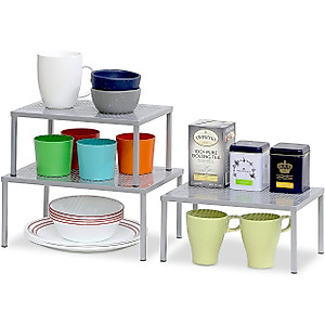 Simple Houseware Expandable Stackable Kitchen Cabinet and Counter Shelf Organizer, Silver