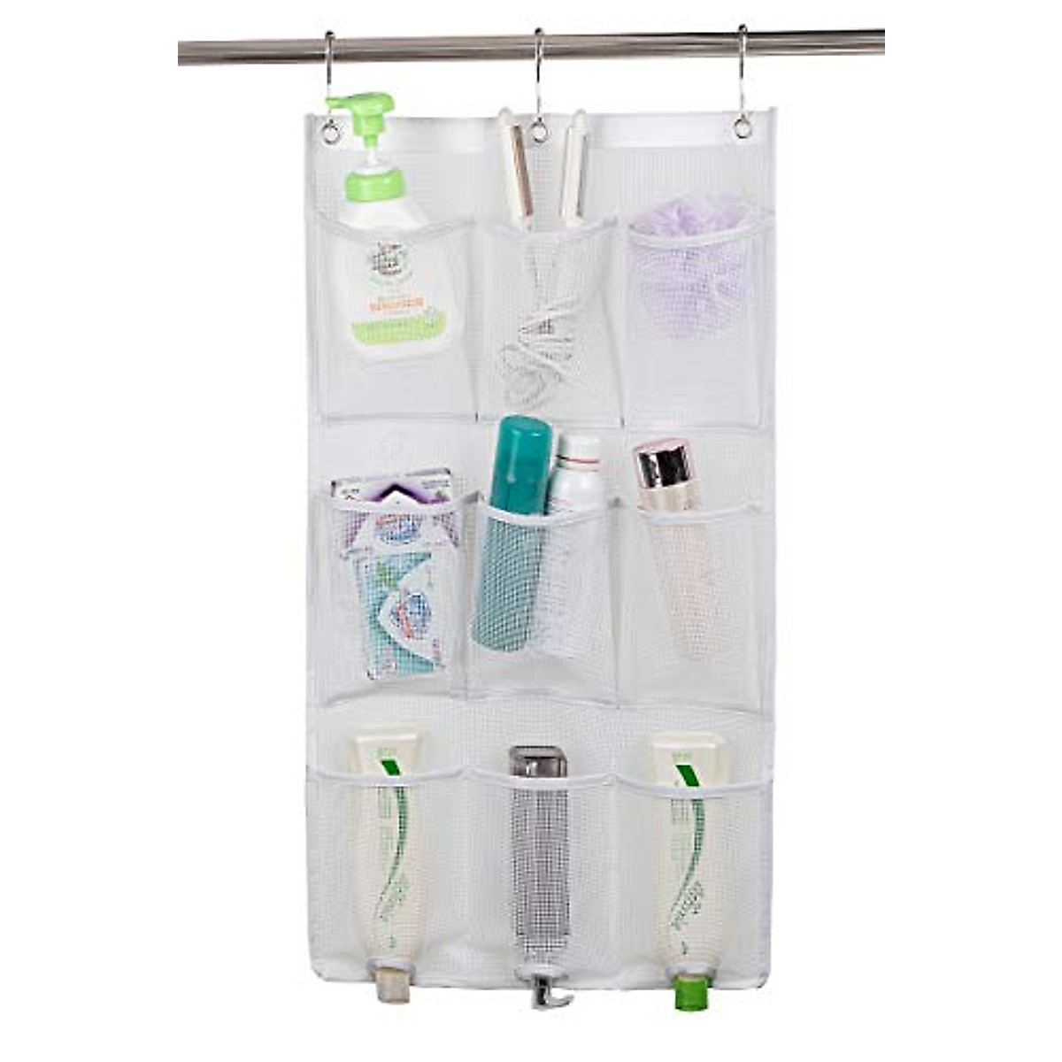 ALYER 9 Pockets Big Mesh Shower Caddy Hanging Bathroom Storage Organizer with 3 Rings (White)