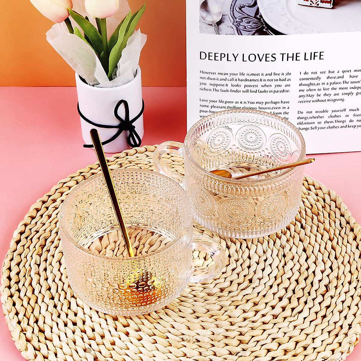 BTGLLAS 400ML Vintage Coffee Mugs With Metal Spoon Glass Coffee Cup 13 Oz Set of 4 Clear Embossed Engrave Tea Cups Beverage,Latte,Anniversary, Valentine,Birthday,Christmas (2SETMUGS)