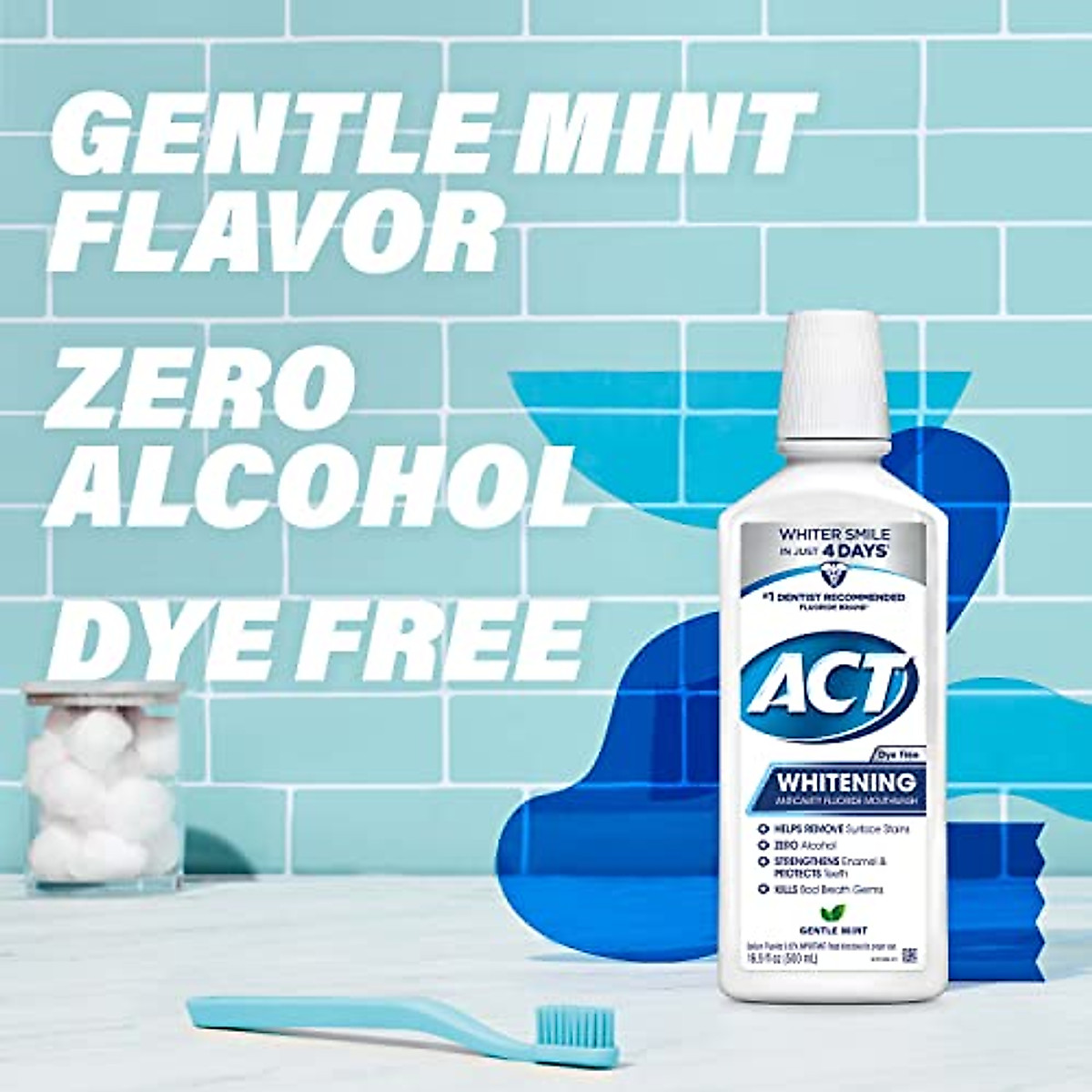 ACT Whitening + Anticavity Fluoride Mouthwash 16.9 fl. oz. With Zero Alcohol, Dye Free, Gentle Mint
