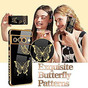 Coralogo for Google Pixel 7 Pro Case Butterfly for Women Girls Girly Pretty Phone Cases Cute Black and Gold Plating Butterflies Design with Screen Aesthetic Cover for Pixel 7 Pro 5G 2022 6.7"