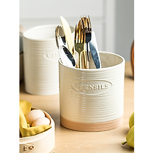 YHOSSEUN Utensil Holder for Kitchen Counter, Oval Utensil Crock Rustic Utensil Organizer for Countertop, 6.7" Ceramic Kitchen Tool Holder Two-tone Finish, Housewarming Cooking Gifts