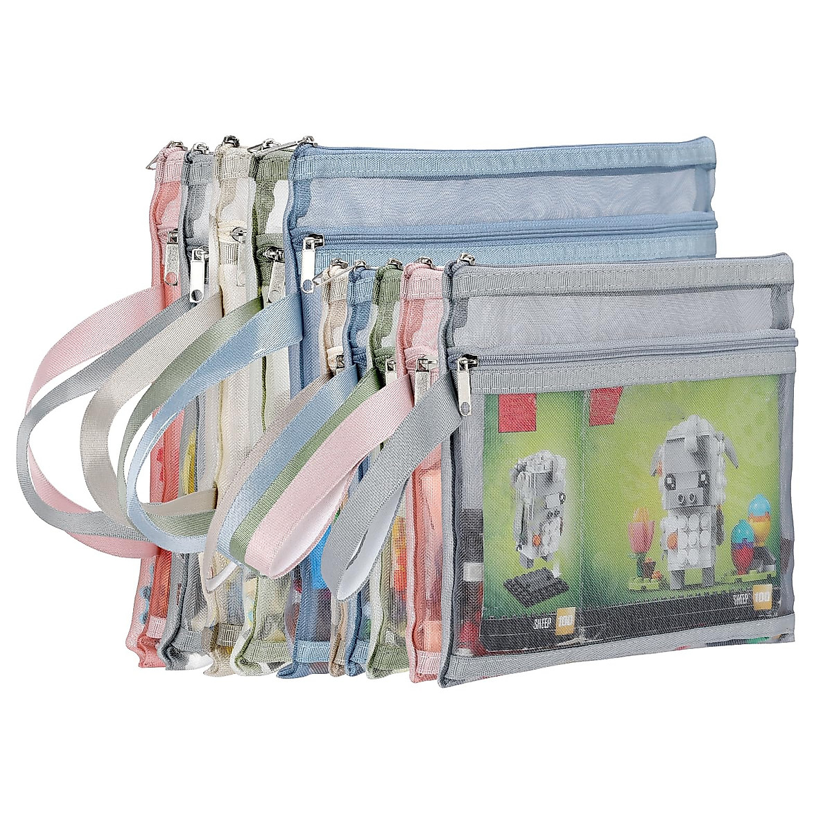 Luweetop 10 Pack Colored Double-Layer Mesh Zipper Pouch Bags(5Pcs A4+5Pcs A5), Nylon Building Block Sets Toy Storage & Organization, Breathable See Through Pouch with Handle for School Office Games