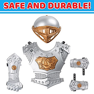 JOYIN Silver Knight in Shining Armor Medieval Pretend Role Play Plastic Toy Halloween Costume Set with Accessories, Kingdom Cosplay with Weapons for Halloween Dress Up Party Decoration