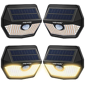 MEIKEE Solar Lights Outdoor Motion Sensor, 150 LEDs 2700K Warm White Solar Motion Light Outdoor 270° Wide Angle, IP65 Waterproof Solar Security Lights for Garden Patio Yard Deck Garage Fence -4 Pack