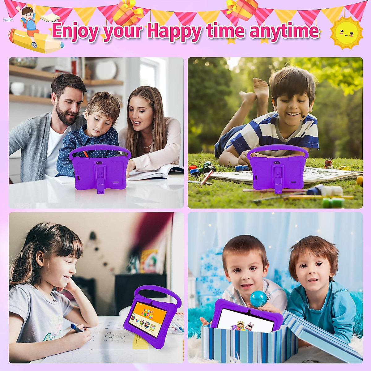 Veidoo Kids Tablet, 7 inch Android Tablet PC, 2GB RAM 32GB ROM, Safety Eye Protection Screen, WiFi, Dual Camera, Games, Parental Control APP, Tablet with Silicone Case(Purple)