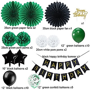 Green Black Birthday Decorations for Men with Happy Birthday Banner Hanging Paper Fans Pom Poms Confetti Latex Balloons Boys Gaming Party Supplies