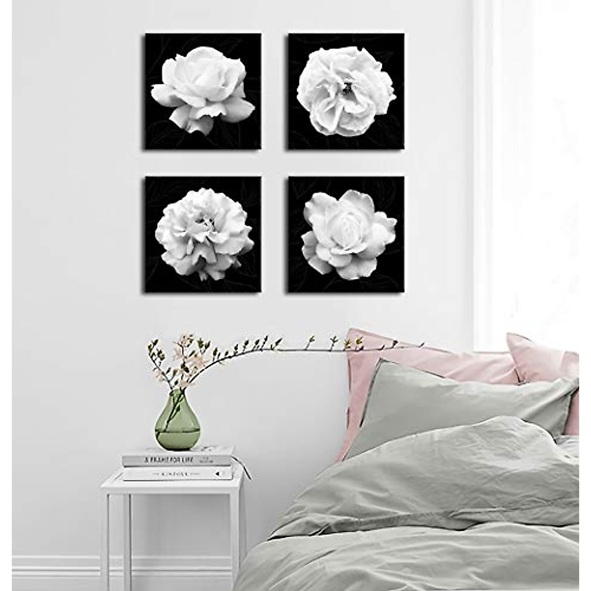 Flowers Wall Art Bathroom Wall Decor Abstract Botanical Picture Contemporary Wall Art Prints Bedroom Living Room Kitchen Office Home Decor Modern Black Flower Canvas Artwork 12" x 12" x 4 Pieces