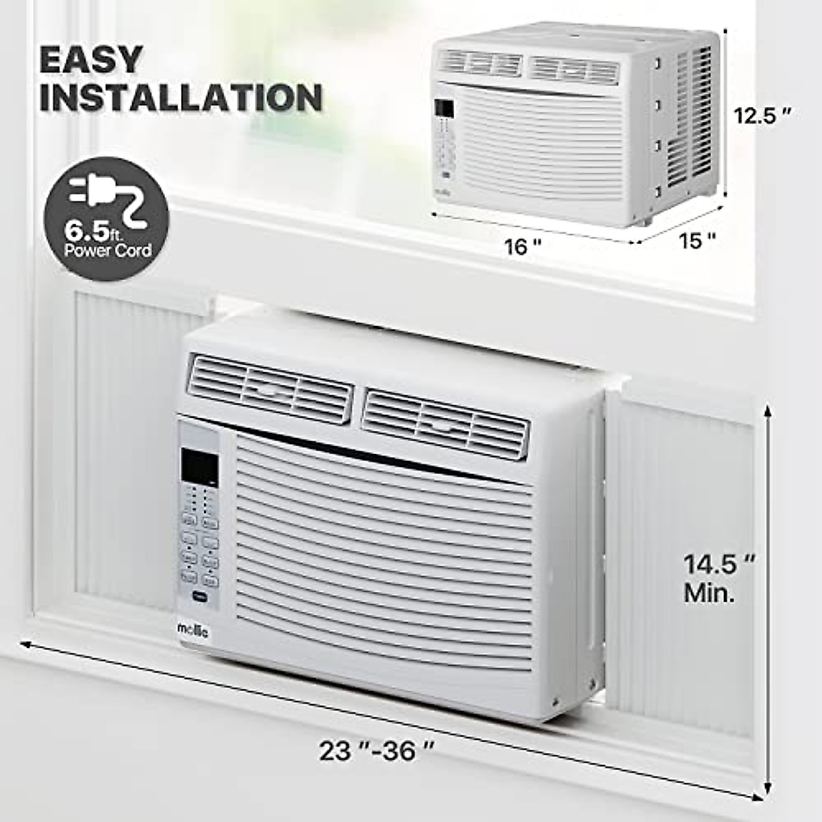 mollie 6,000 BTU Smart Window Air Conditioner with Wi-Fi Connected, Window AC Unit Cools up to 250 Sq.Ft., Remote/App Control, with Easy Install Kit, 115V/60Hz, White