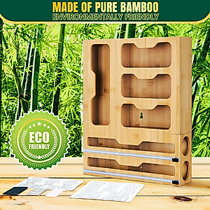 MG CUSTOM GOODS Bamboo Ziplock Bag Organizer & Plastic Wrap Dispenser with Cutter, 6 IN 1 Magnetic Kitchen Drawer Organizer for Gallon, Quart, Sandwich, Snack Bags