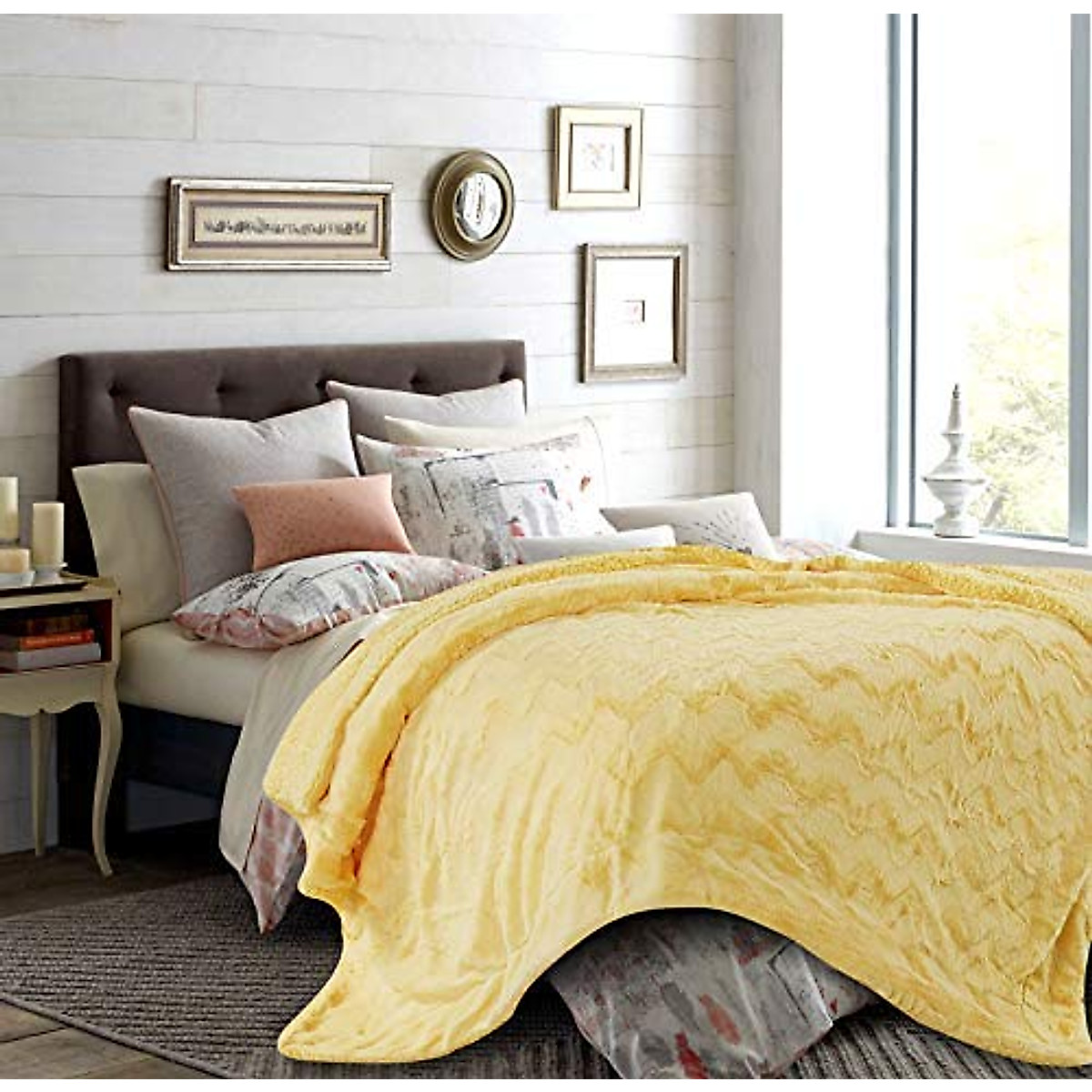 Chanasya Soft Wave Faux Fur Throw Blanket - Soft, Lightweight Reversible Sherpa & Minky Blanket - 50" x 65” - Yellow