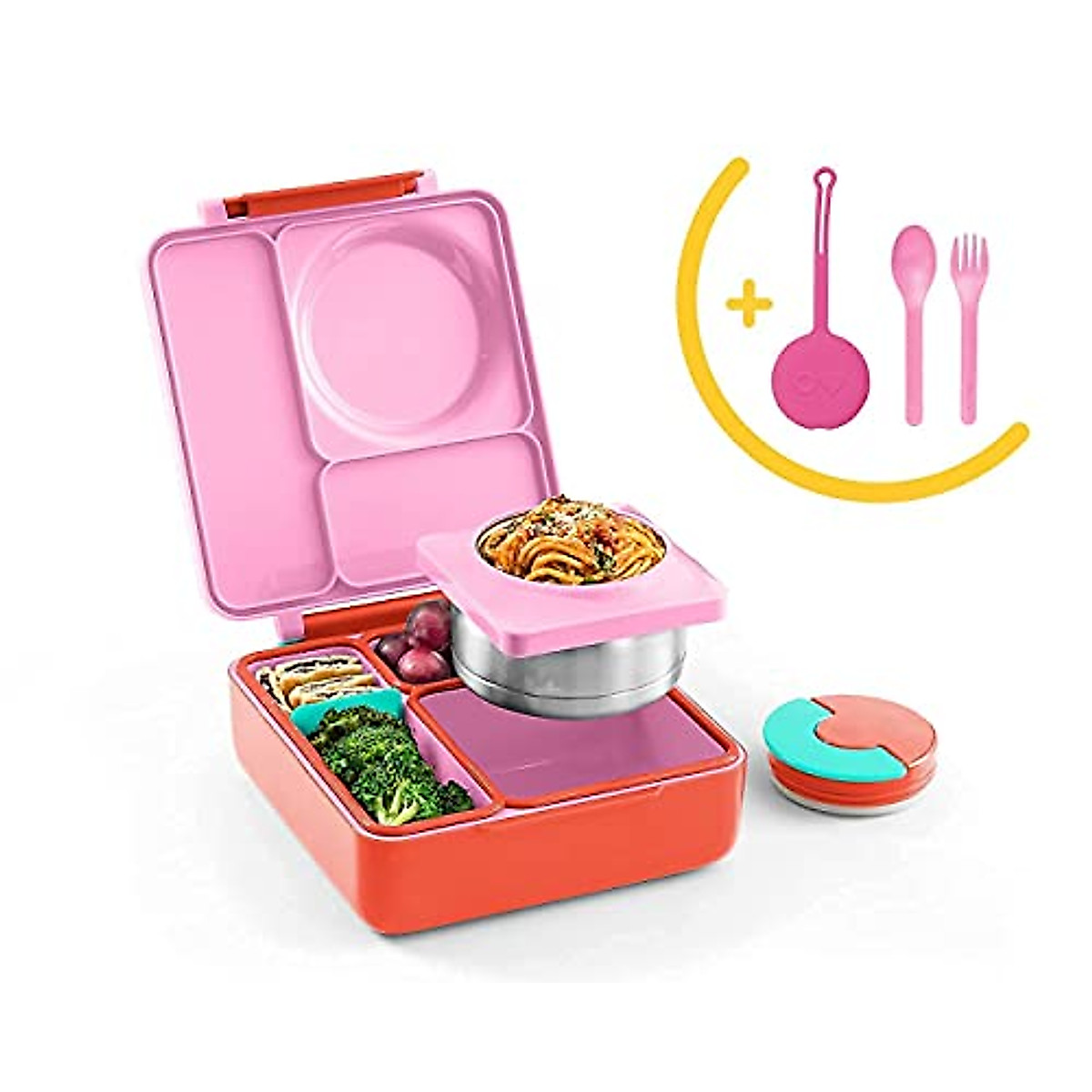 OmieBox Deluxe Bundle Set - Insulated Bento Lunch Box With Thermos PLUS Reusable Fork and Spoon with Case - (Pink)