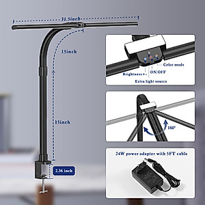 CJJFACA Desk Lamp for Home Office, 24W LED Desk Lamp with Clamp - 25 Lighting Modes Dimming Workbench Light with Flexible Gooseneck, Eye Protection Modern Desk Lamp for Reading Study Monitor Drafting